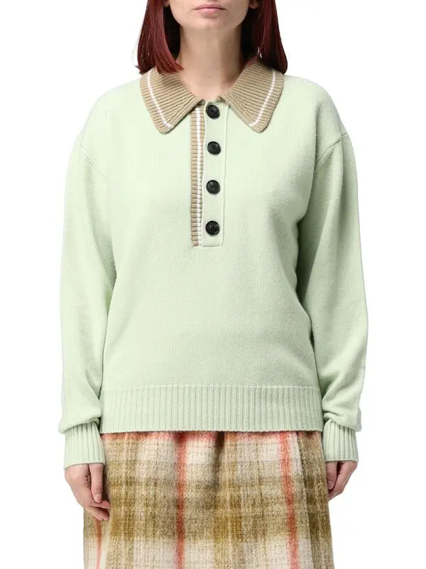 TELA Long-sleeved Knitted Wool Polo Shirt With A Ribbed Collar - Mint