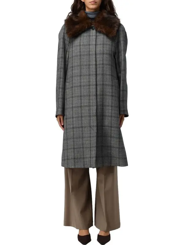 TELA Check Long Coat In Pure Virgin Wool With Fur Collar - Grey