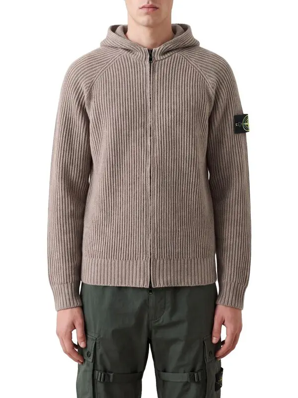 Stone Island Hooded Cashmere Zip-up Cardigan With Compass Logo Patch - Biscuit