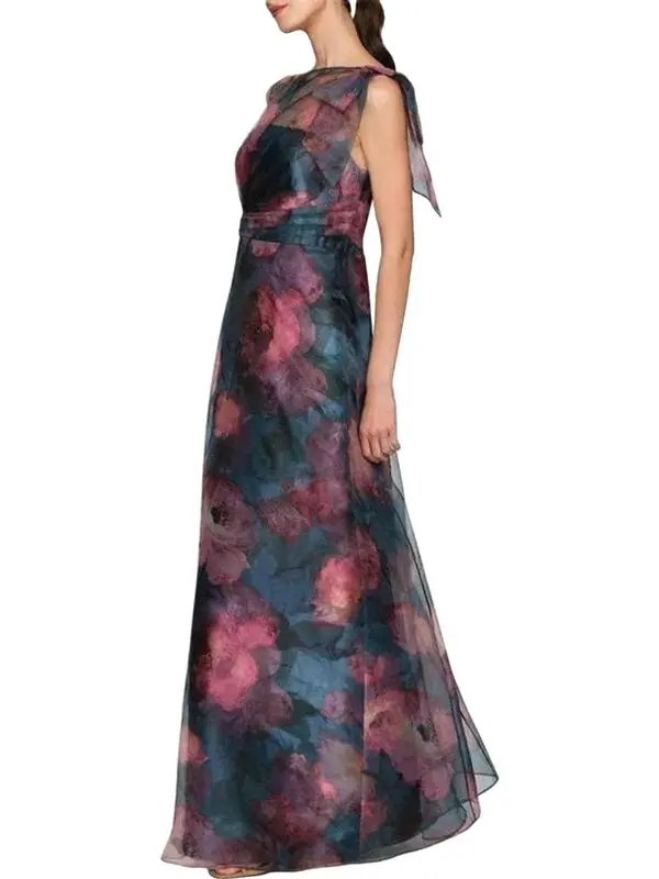 KAY UNGER Jocelyn Poppy Print Chiffon A-line Gown - Chambray Multi