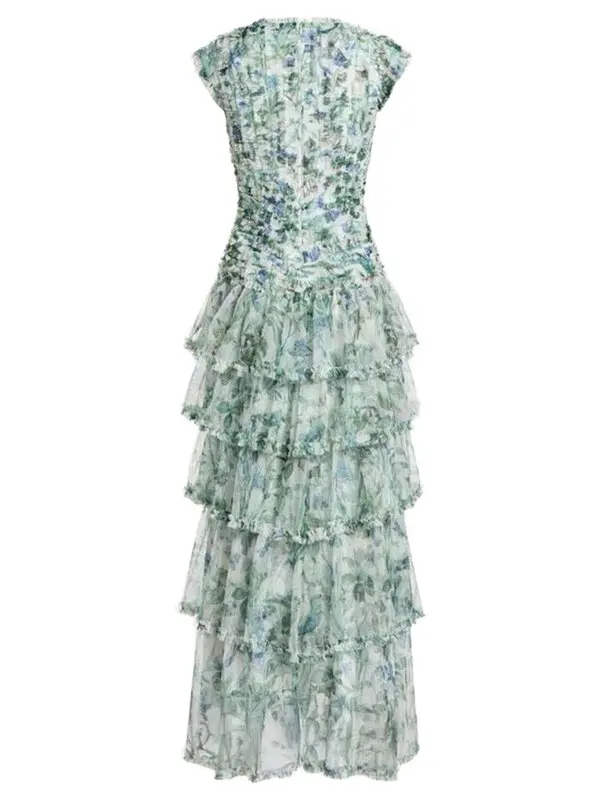Mac Duggal Floral Mesh Ruffled V-neck Maxi Dress - Blue Multi