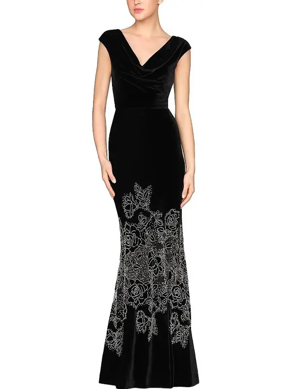 Theia Ophelia Beaded Stretch Velvet Gown - Black/silver