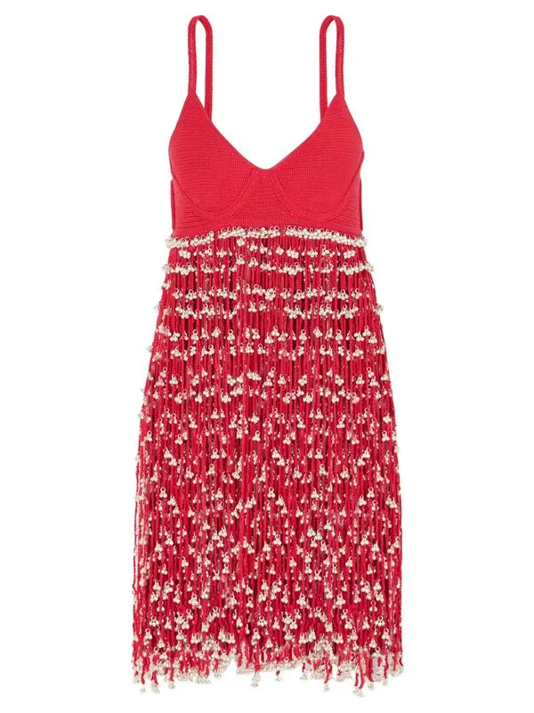 YOSHITA 1967 Catherine Embellished Cotton Crochet-knit Mini Dress - Red