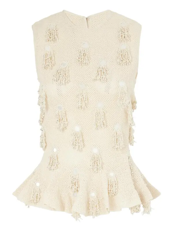 YOSHITA 1967 Yashvi Fringe-embellished Peplum Cotton Crochet-knit Top - Neutrals