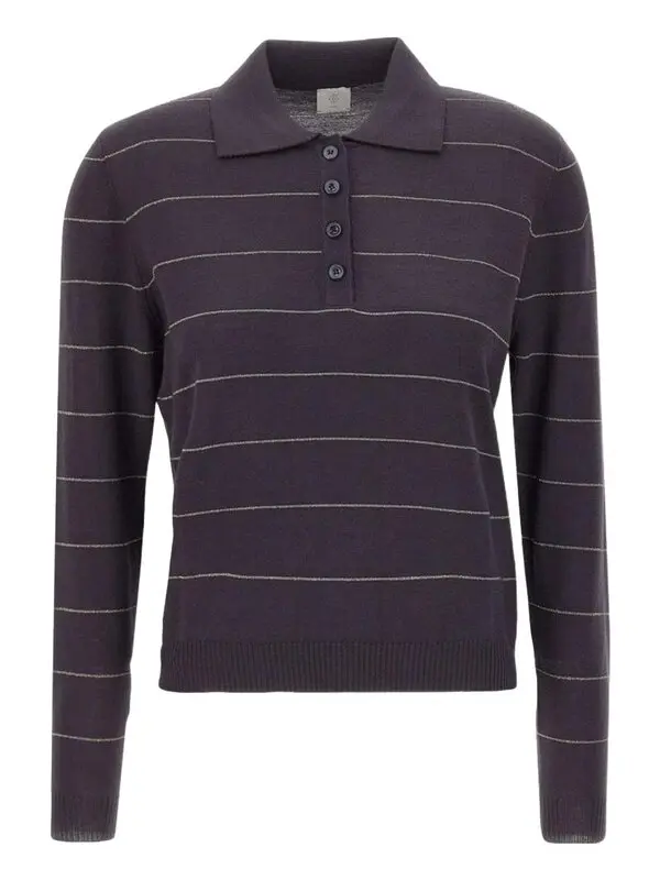 Eleventy Striped Long Sleeve Polo Top - Black
