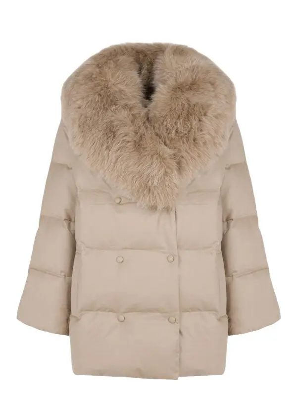 YVES SALOMON Long Double-breasted Down Jacket In Fabric With Detachable Fox Fur Collar - Beige