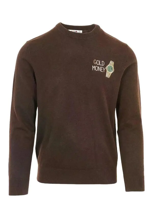 MC2 SAINT BARTH Heron Light Wool And Cashmere Blend Crewneck Sweater With Gold Money Embroidery - Brown