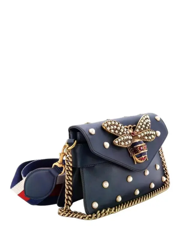 Gucci Broadway Pearly Bee Embellished Leather Mini Shoulder Bag - Blue