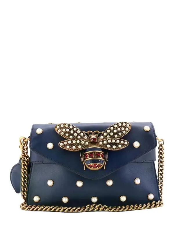 Gucci Broadway Pearly Bee Embellished Leather Mini Shoulder Bag - Blue