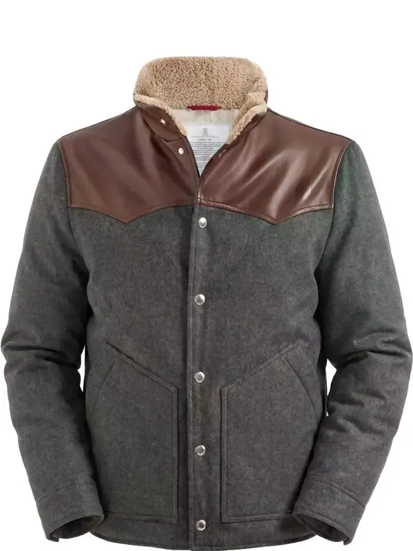 Brunello Cucinelli Bonded Wool Flannel Paneled Down Jacket With Shearling Collar - Grey