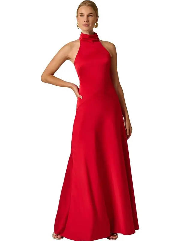Adrianna Papell Stretch Satin Turtleneck Halter Open Back Gown - Red