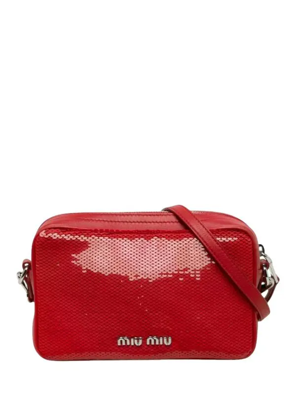 Miu Miu 2019 Sequins Paillettes And Calfskin Logo Crossbody Bag - Red