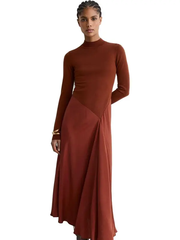 REISS Nora Regular Knitted Woven Mix High-neck Midi Dress - Rust Orange