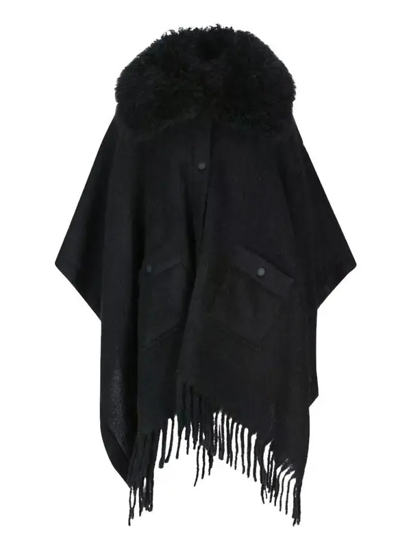 Moncler Shearling-collar Fringed-hem Cape - Black