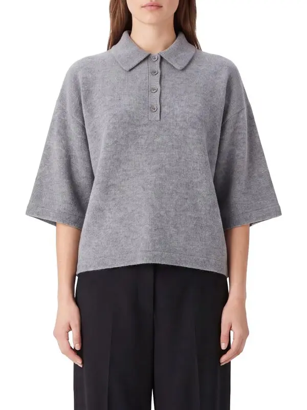 FRAME Cropped Relaxed Fit Cashmere Polo With Short Sleeves - Grey