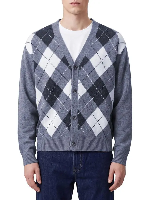 DUNST Argyle V-neck Cardigan In Pure Wool - Grey