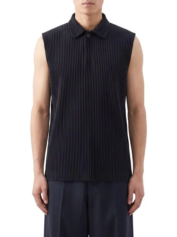 Issey Miyake Pleated Crêpe Sleeveless Top Homme Plissé With Collar - Black