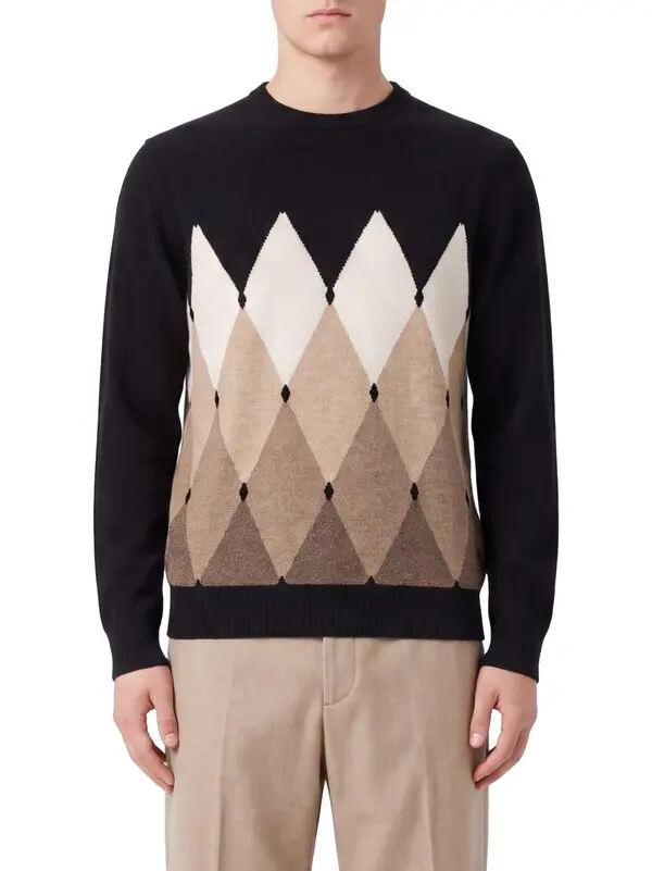 BALLANTYNE Argyle Pattern 100% Cashmere Crew-neck Jumper - Black