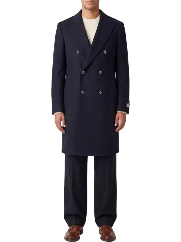Canali Double-breasted Long Coat In Wool And Cashmere Blend - Navy