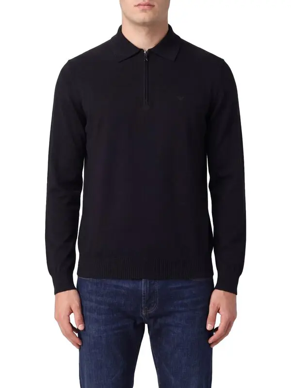 Emporio Armani Long-sleeved Virgin Wool Knitted Polo Shirt With Zip - Black