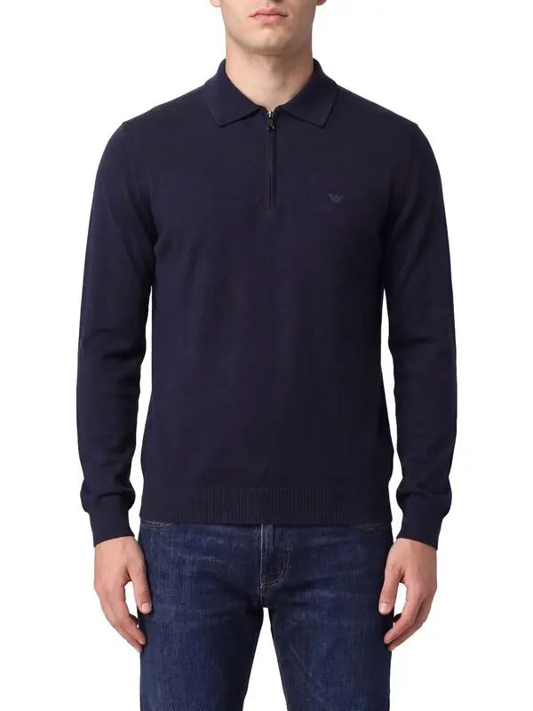 Emporio Armani Long-sleeved Virgin Wool Knitted Polo Shirt With Zip - Blue