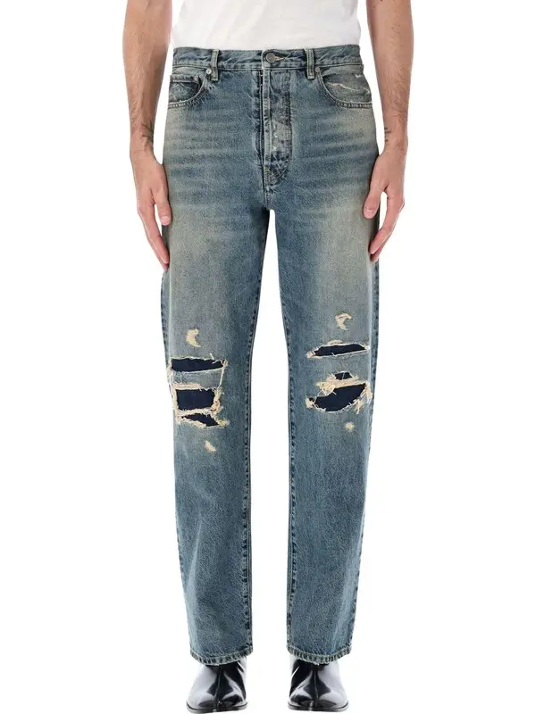 MAISON MARGIELA Distressed Straight-leg Five-pocket Jeans With Open Knee Rips And Raw Frayed Hem - Blu