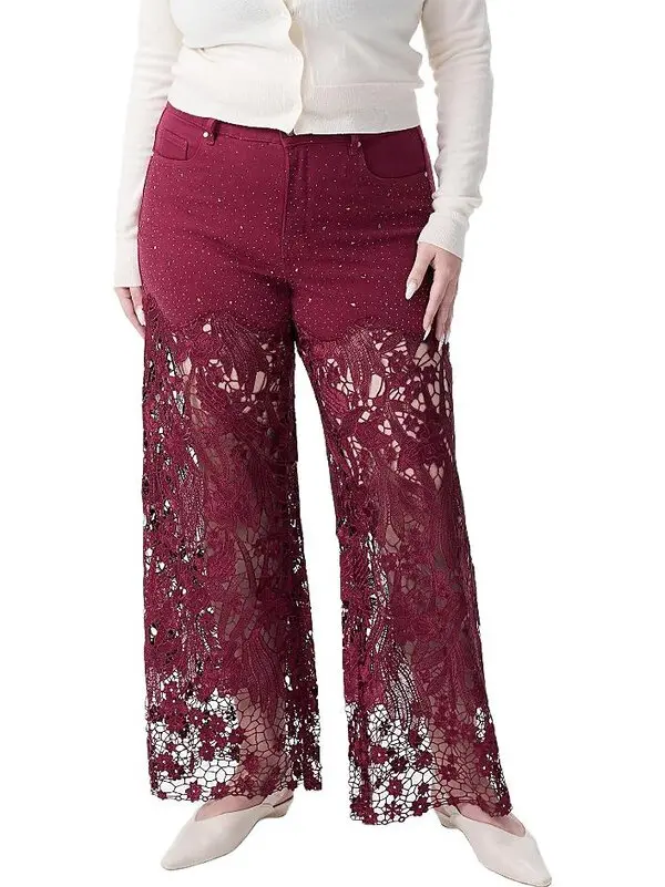 BAYEAS Plus Embroidery High Rise Wide Leg Lace Jeans With Rhinestone - Wine