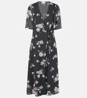 GANNI Floral Crepe Wrap Dress - Black