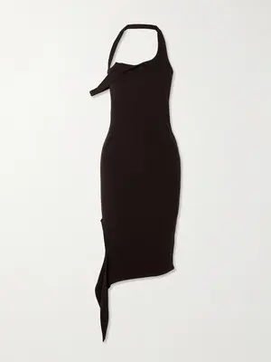 COURREGES Asymmetric Draped Ribbed-knit Midi Dress - Brown