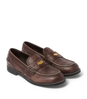 Miu Miu Distressed Leather Penny Loafers - Brown