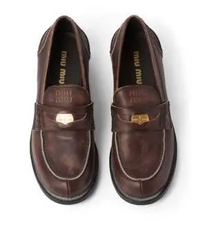Miu Miu Distressed Leather Penny Loafers - Brown