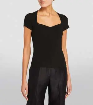 Maje Short Sleeve Ribbed Sweetheart Neck Top - Black