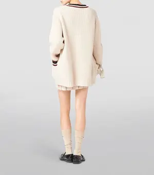 Miu Miu Cashmere Knitted Cardigan With Applique And Two-tone Stripes - Neutral