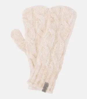 Brunello Cucinelli Embellished Cable-knit Wool Gloves - Beige