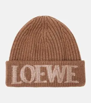 Loewe Loewe Logo Ribbed-Knit Wool-Blend Beanie Brown