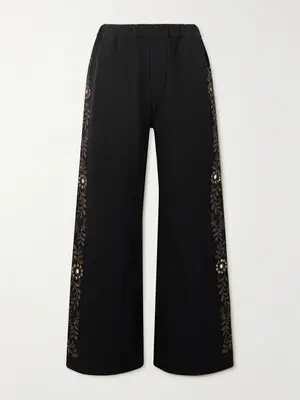 WALES BONNER Cairo Embellished Embroidered Grain De Poudre Wool Straight-leg Trousers - Black