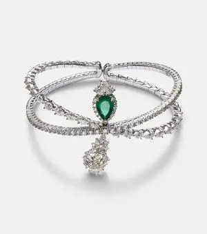 Yeprem 18kt White Gold Diamond And Emerald Bangle - Silver