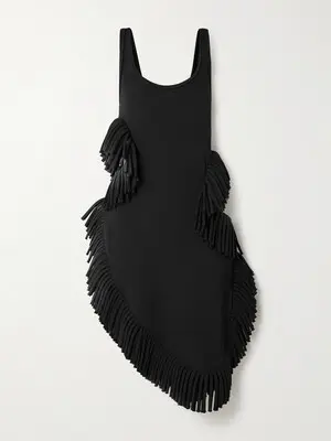 DIOTIMA Scatter Asymmetric Cutout Fringed Midi Dress - Black