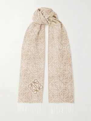 Loewe Fringed Wool And Cashmere-blend Jacquard Scarf - Neutrals