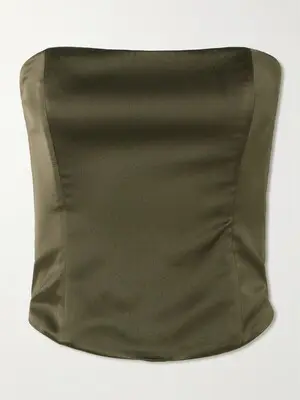 Staud Brunswick Strapless Silk-blend Satin Top - Green
