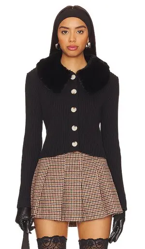 Central Park West Delilah Faux Fur Collar Cardigan - Black