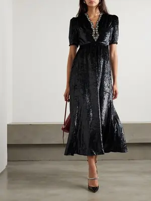 Saloni Embellished Metallic Velvet Midi Dress