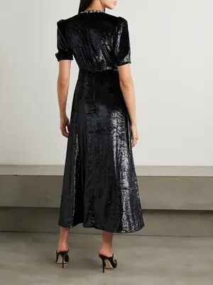Saloni Embellished Metallic Velvet Midi Dress