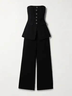 SELF-PORTRAIT Convertible Strapless Crystal-embellished Peplum Jumpsuit - Black