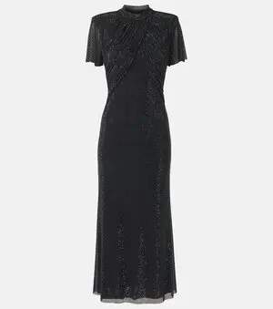 SELF-PORTRAIT Rhinestone-embellished Midi Dress - Black
