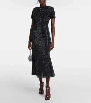 SELF-PORTRAIT Rhinestone-embellished Midi Dress - Black