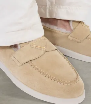 Prada Suede-shearling Triangle Loafers - Neutral