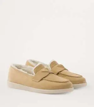 Prada Suede-shearling Triangle Loafers - Neutral