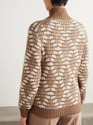 Loro Piana Jacquard-knit Camel Hair Zip-up Sweater