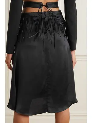MAXIMILIAN Tasseled Cutout Hammered Silk-satin Midi Skirt